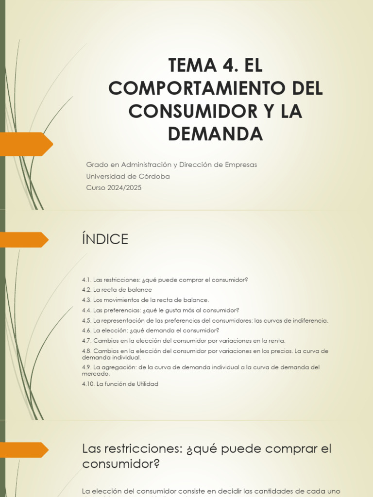Tema 4. El Comportamiento Del Consumidor y La Demanda | PDF | Curva de demanda | Utilidad marginal
