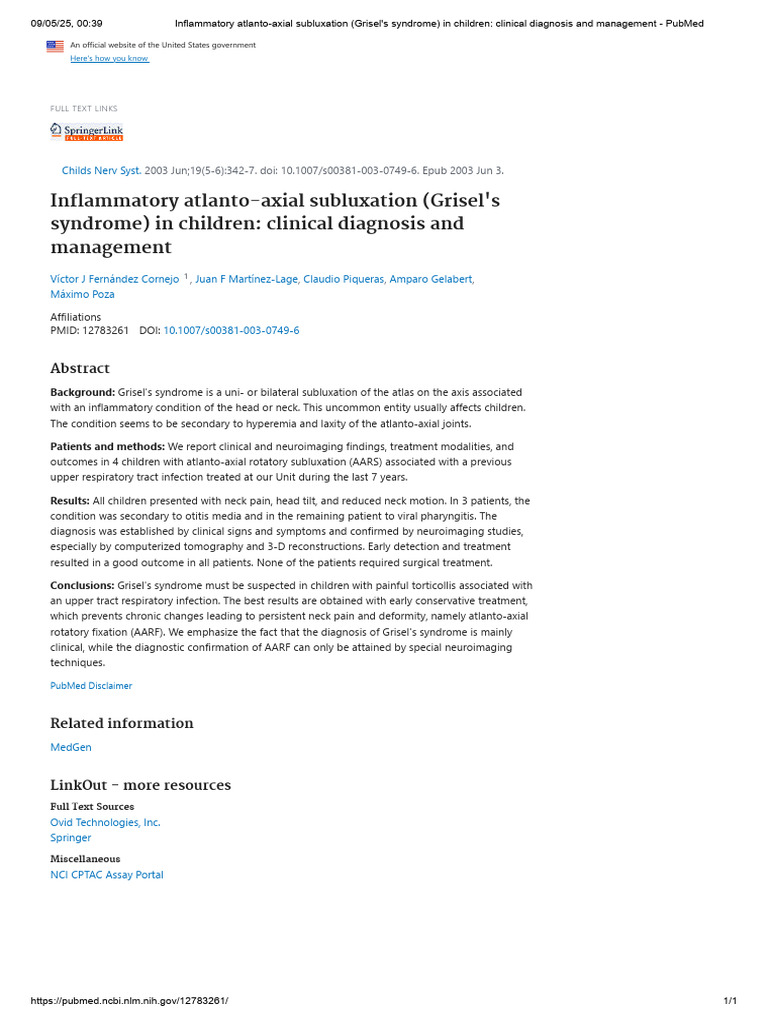 Inflammatory Atlanto-Axial Subluxation (Grisel's Syndrome) in Children - Clinical Diagnosis and ...
