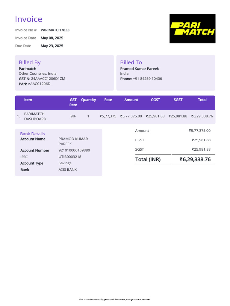 Invoice for Parimatch Services | PDF