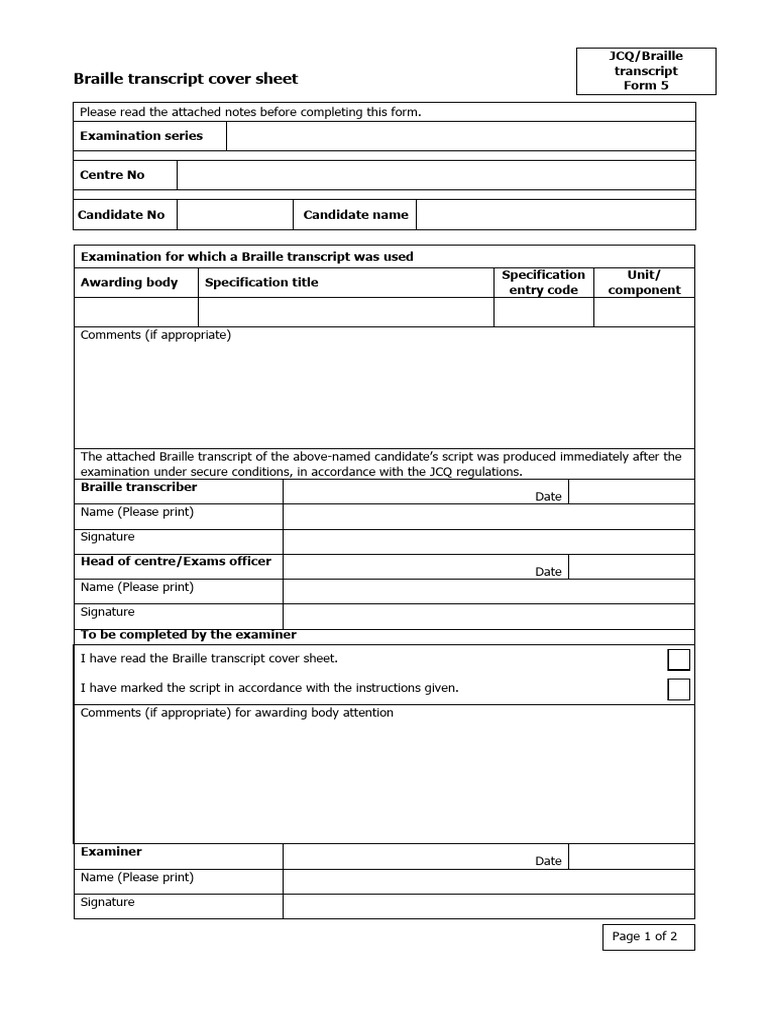 Form 5 - Braille Transcript Cover Sheet | PDF