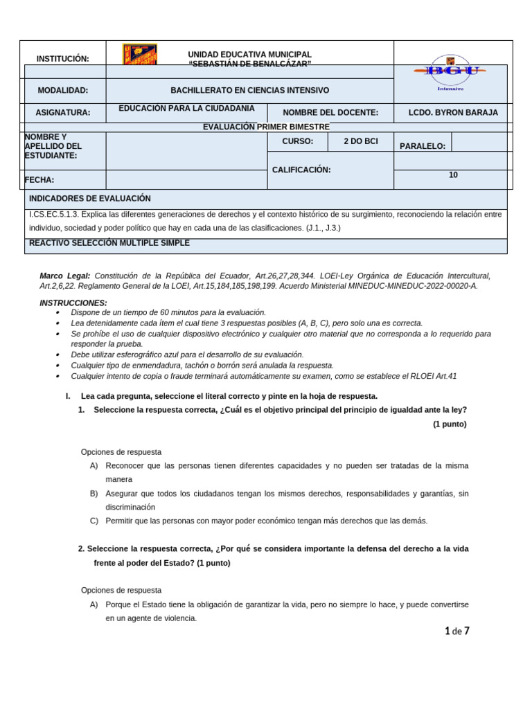 Evaluación Epc 2 Bimestre 1 | PDF | Democracia | Ideologías políticas