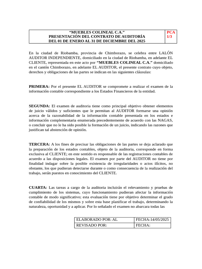 Contrato Auditoria Externa Muebles Colineal C | PDF | Auditoría