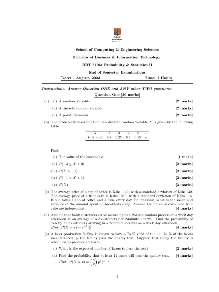 BBT 3106 - Probability & Statistics II - August 2023EC | PDF | Probability Distribution | Variance