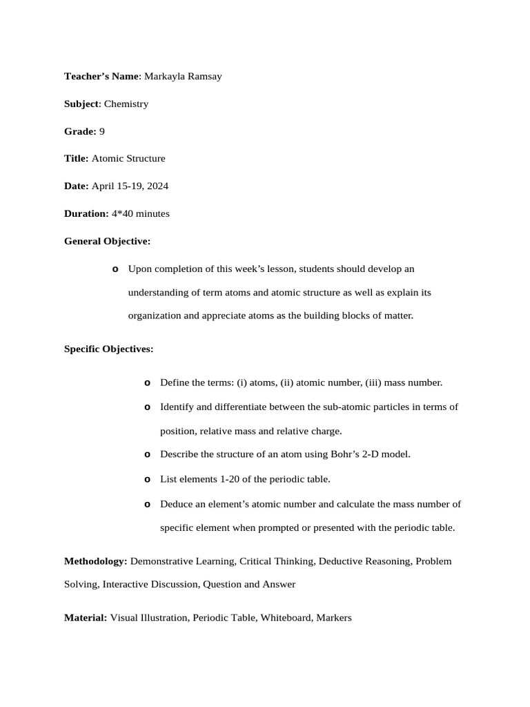 Grade 9 Lesson Plan - Atomic Structure | PDF | Atoms | Chemical Elements