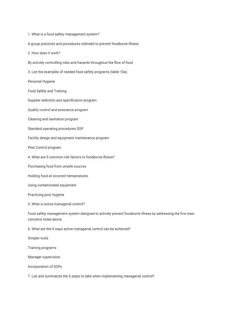 Chapter 10 ServSafe - Food Safety Management Systems | PDF | Food ...