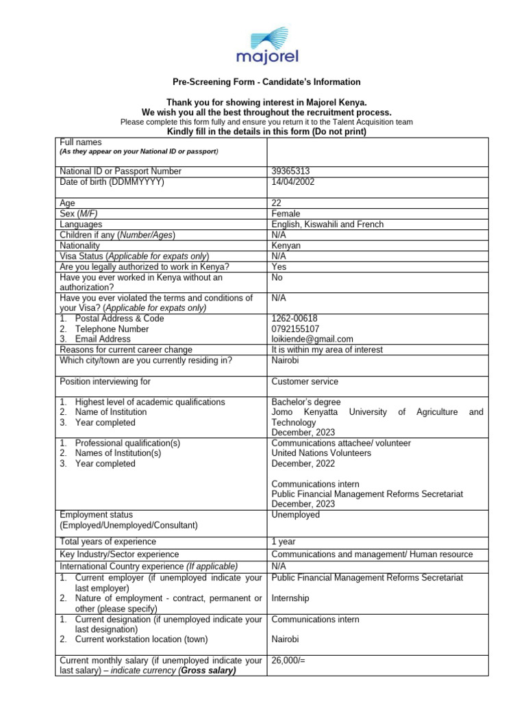 Majorel Kenya Candidate Pre-Screening Form | PDF | Salary | Kenya