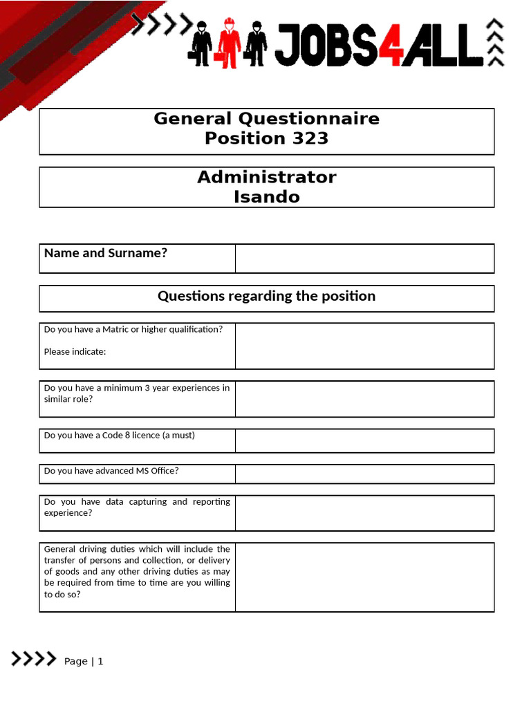 323 General Questionnaire Administrator - Isando | PDF