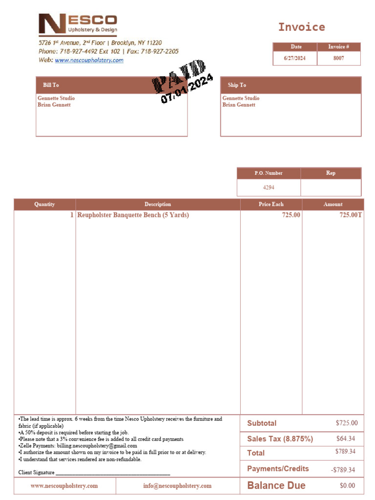 Inv 8007 From Nesco Decorating Design Inc. 6096 | PDF