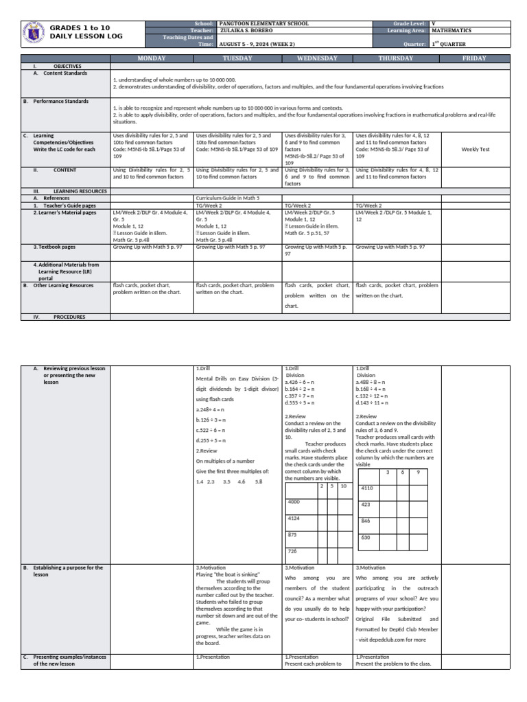 Grade 5 Math Daily Lesson Plan | PDF | Learning | Behavior Modification