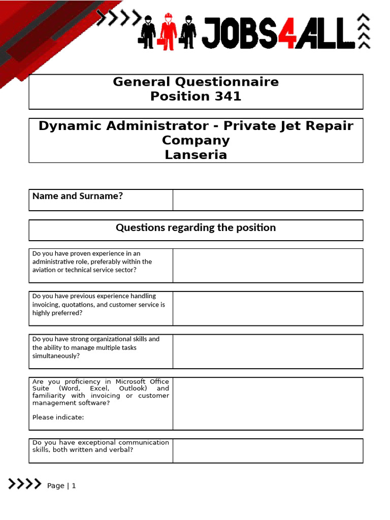 341 General Questionnaire Dynamic Administrator - Private Jet Repair Company - Lanseria | PDF