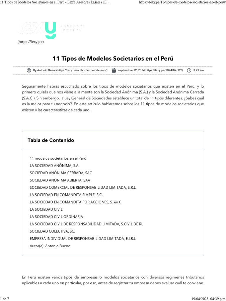 11 Tipos de Modelos Societarios en El Perú - LexY Asesores Legales _ Estudio de Abogados en Lima ...