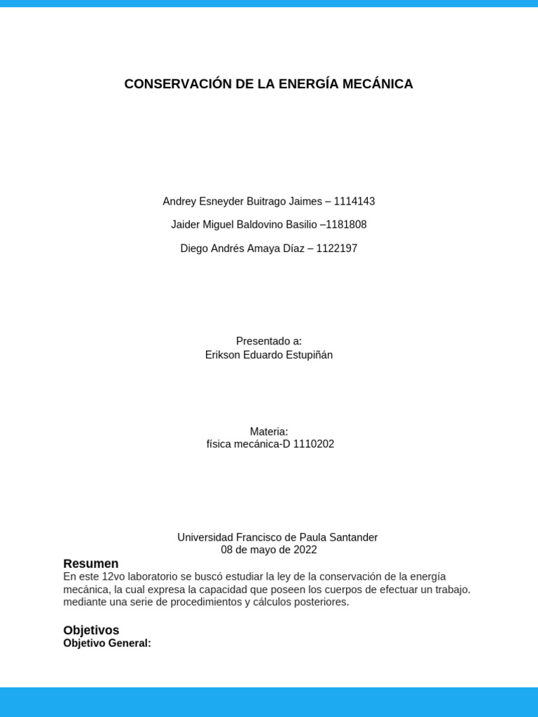 Laboratorio 12 - CONSERVACION DE LA ENERGIA MECANICA Física Mecánica-D ...
