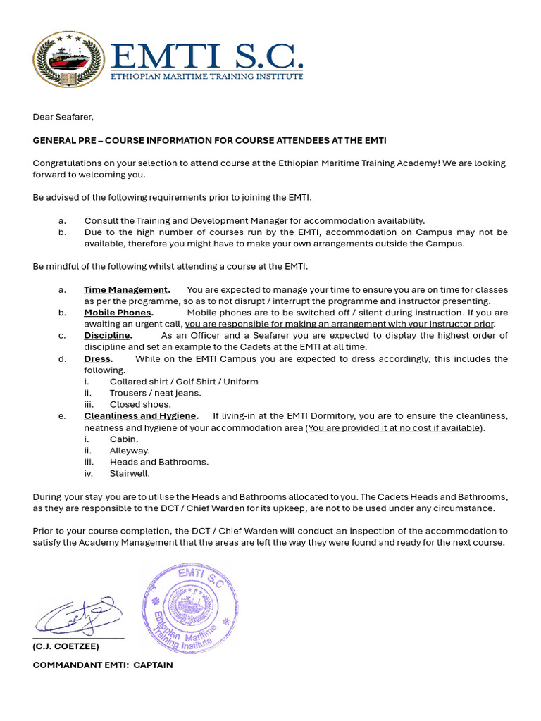 EMTI Course Attendance Guidelines | PDF | Ships