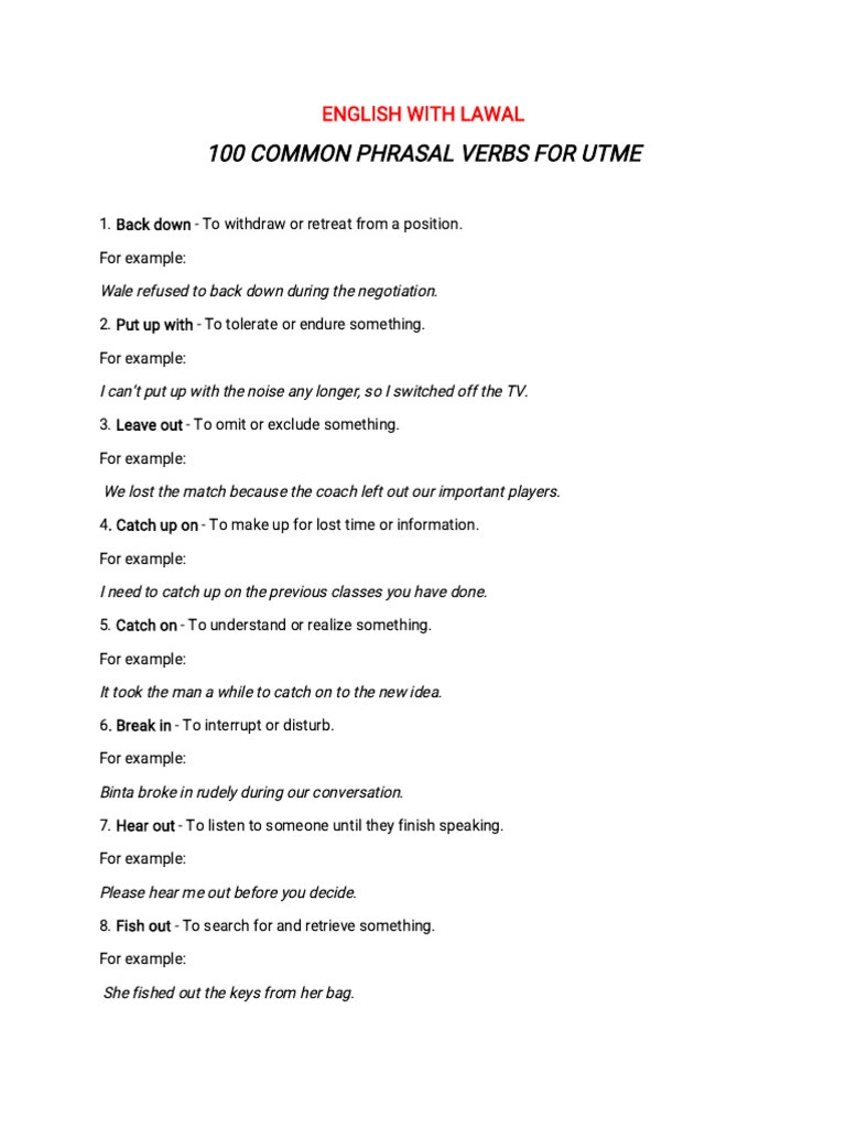 100 Common Phrasal Verbs (English With Lawal) | PDF