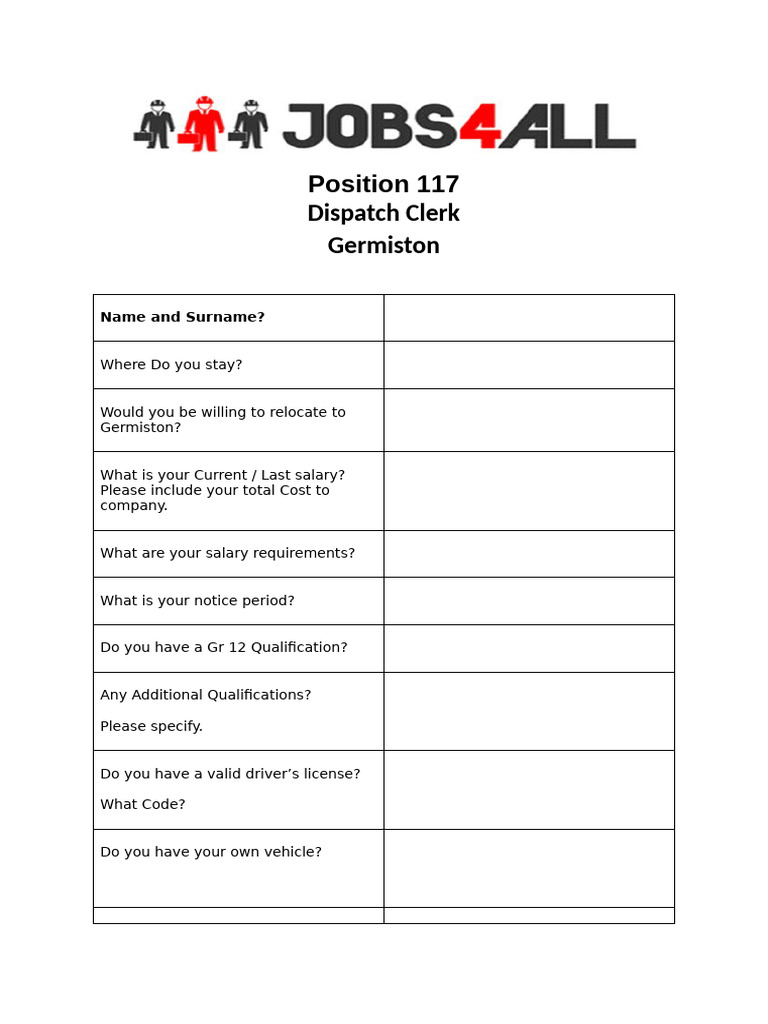 Dispatch - Clerk - Germiston | PDF