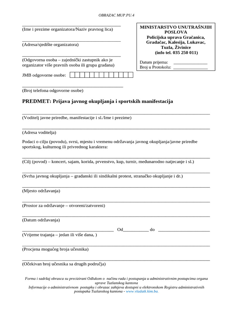 MUP - Pu.4 Prijava Javnog Okupljanja I Sportskih Manifestacija | PDF