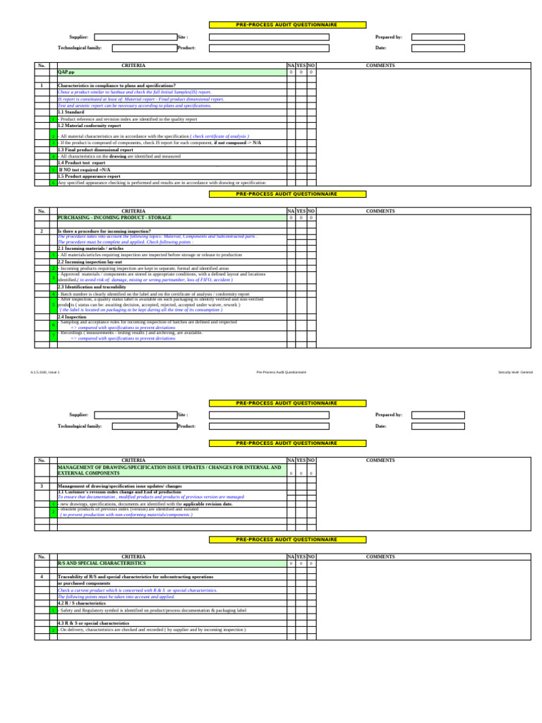 001-Pre-Process Audit Questionnaire Supplier | PDF | Specification ...