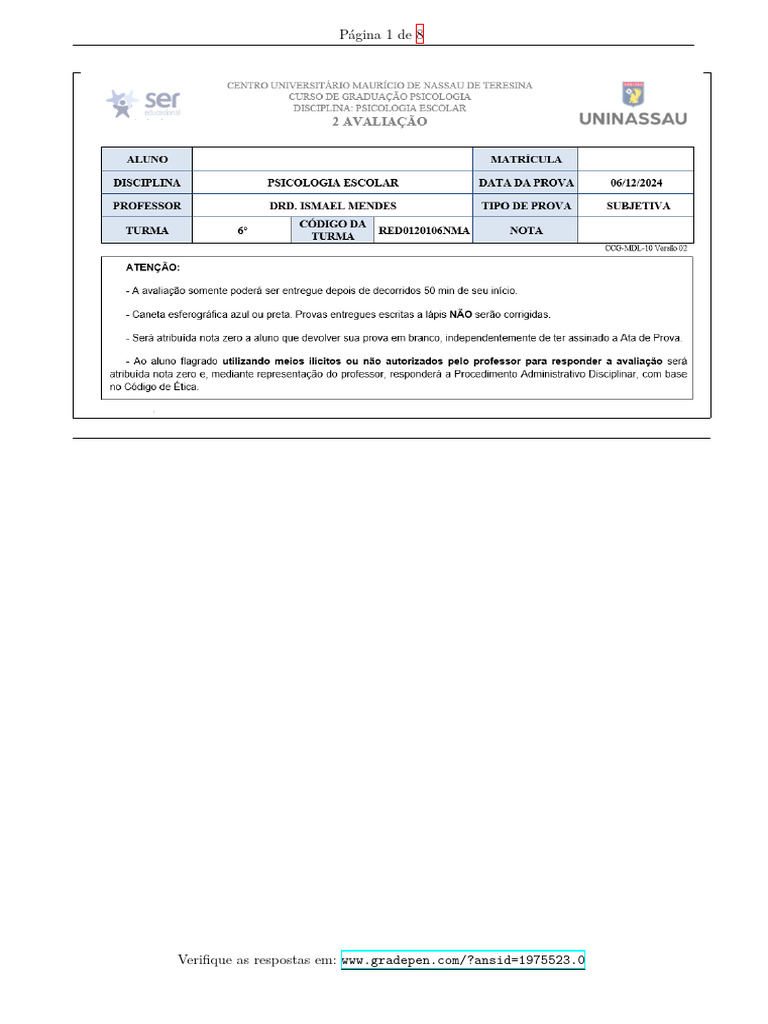 Prova Escolar Com Gabarito | PDF | Pedagogia | Psicologia
