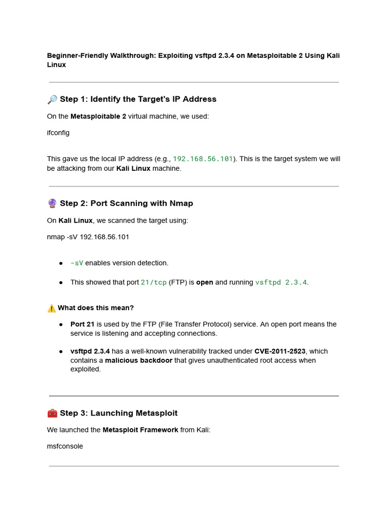 Exploiting VSFTPD 2.3.4 On Metasploitable 2 Using Kali Linux | PDF | File Transfer Protocol ...