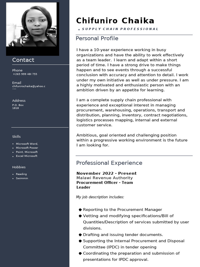 Chifuniro Chaika CV- New Word | PDF | Procurement | Supply Chain