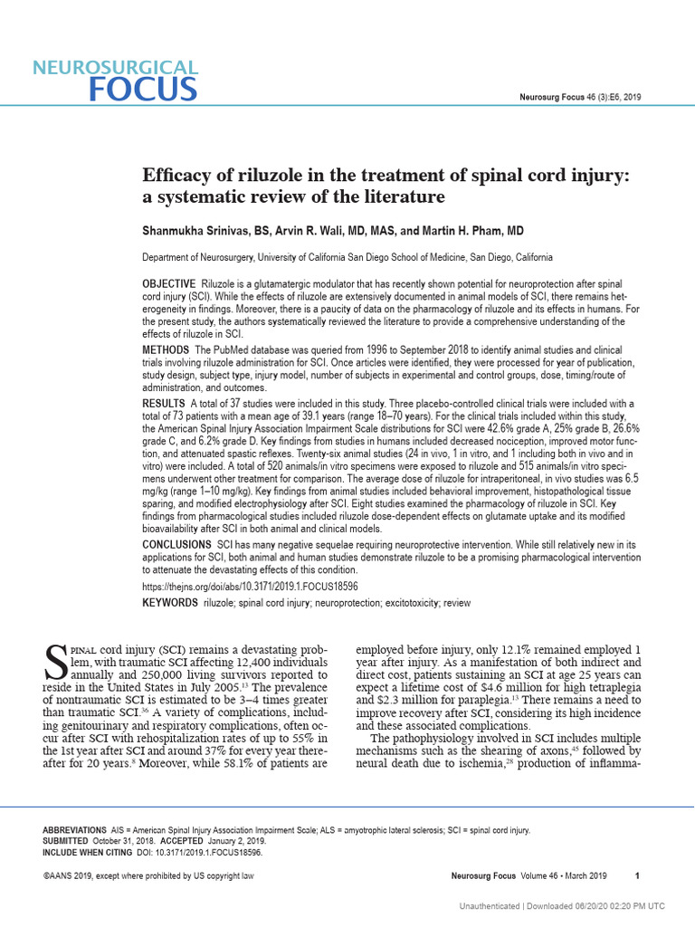 [10920684 - Neurosurgical Focus] Efficacy of Riluzole in the Treatment of Spinal Cord Injury_ a ...