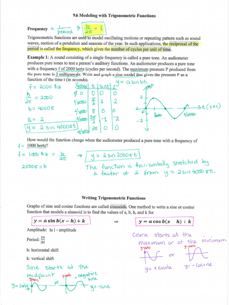 9.6 Modeling With Trigonometric Functions (Algebra 2) | PDF