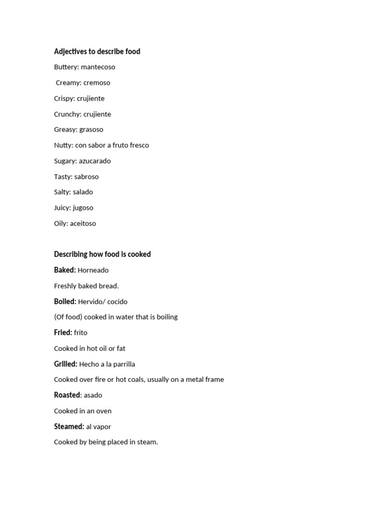 Food Adjectives and Cooking Methods | PDF