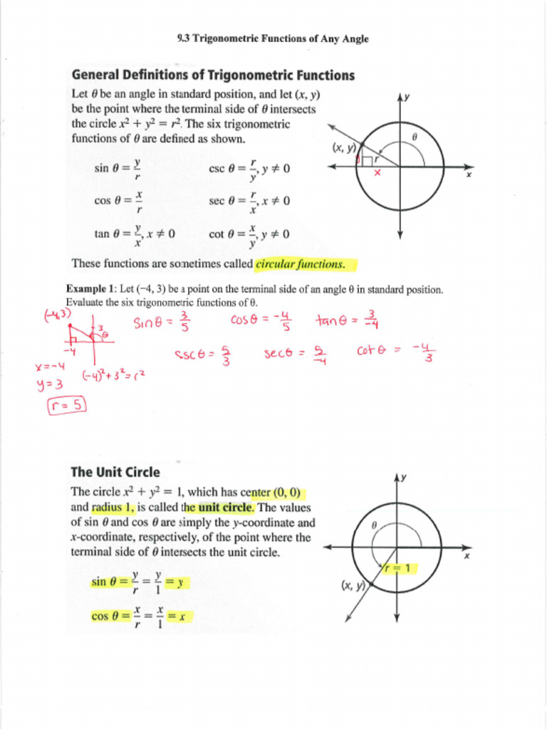 9.3 Trigonometric Functions of Any Angle (Algebra 2) | PDF