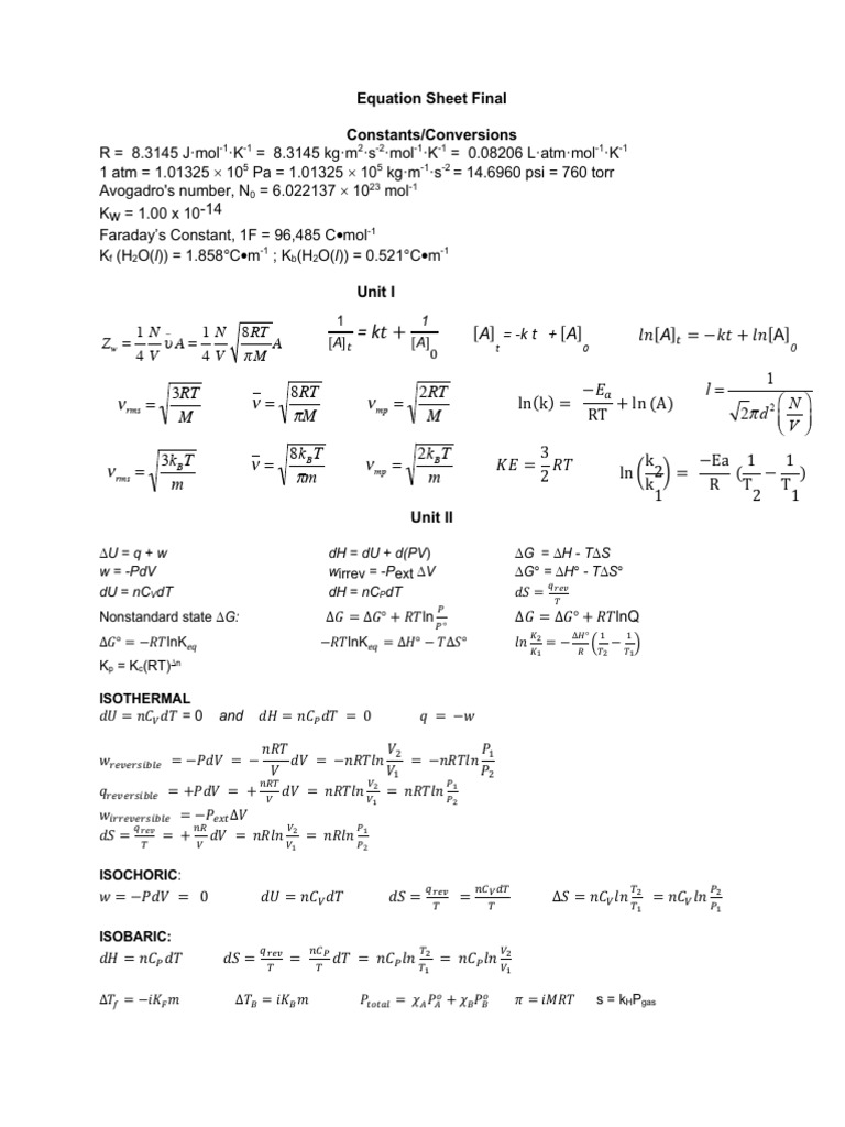 Chem 2 Equation sheet final | PDF