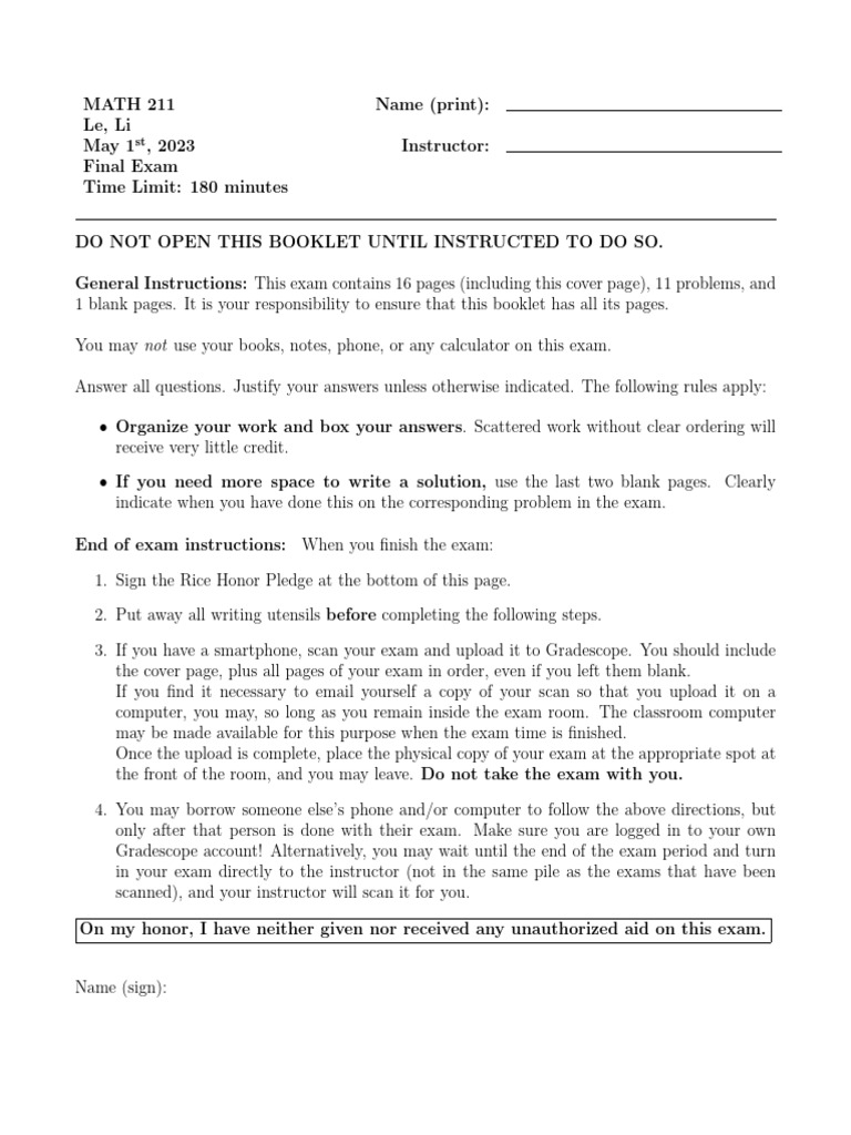 MATH 211 Final Exam Instructions | PDF | Vector Space | Basis (Linear ...
