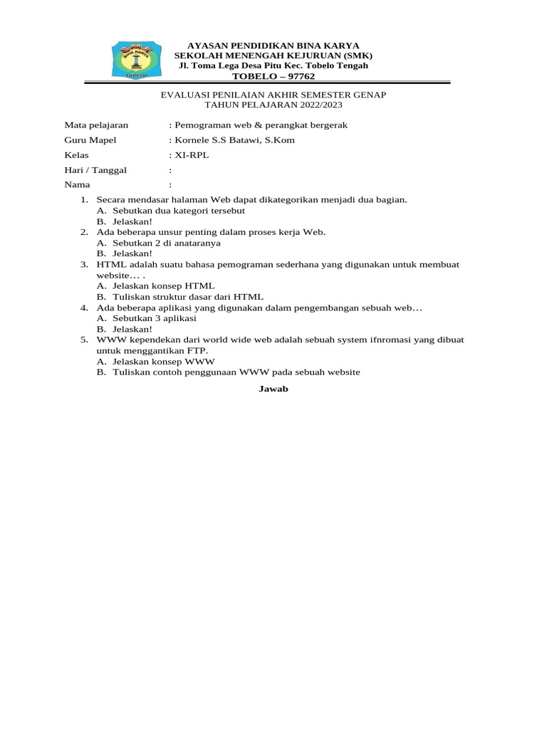 Mid Pemograman Web Kelas Xi 2022-2023 Genap | PDF
