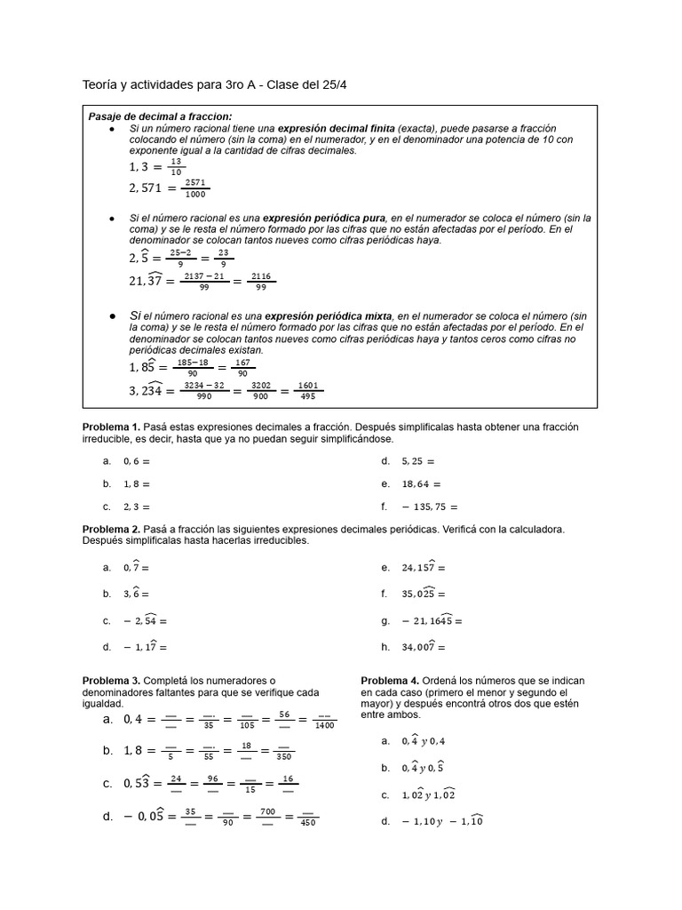 Teoría y Actividades para 3ro A - Clase Del 25-4 | PDF | Decimal | Número racional