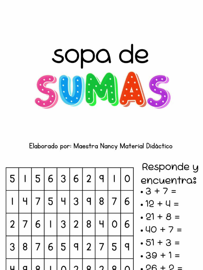 Sopa de Letras: Sumas y Restas para Niños | PDF
