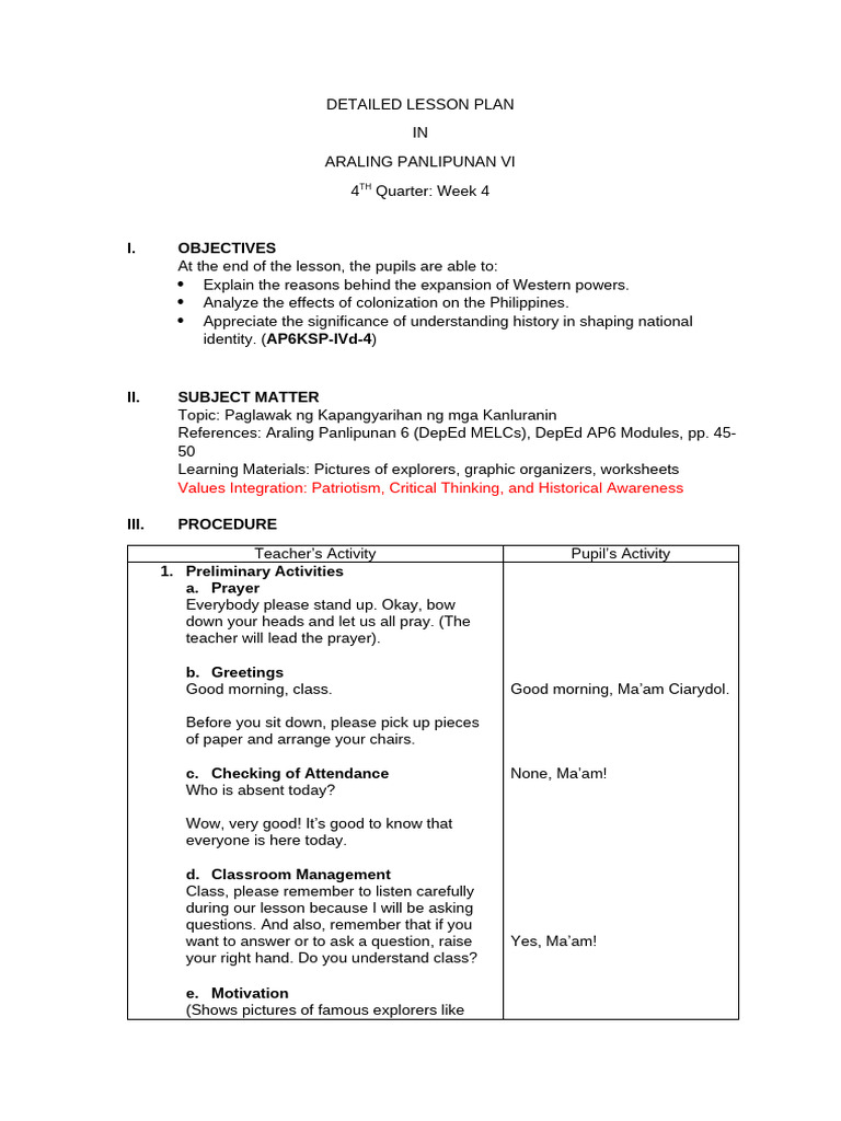 DETAILED LESSON PLAN IN Aral. Pan. 6 | PDF | Philippines | European Colonization Of The Americas
