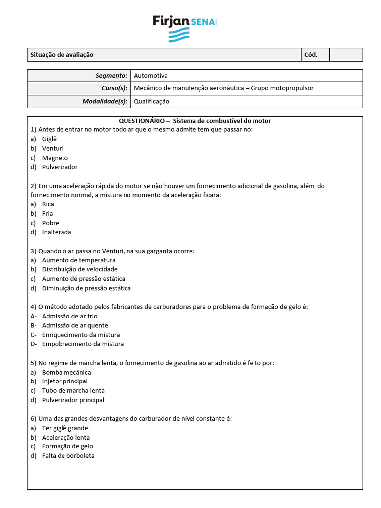 Atividade CAP 03 - Sistema de Combustível Do Motor - 1 ALUNOS | PDF | Motores | Bomba