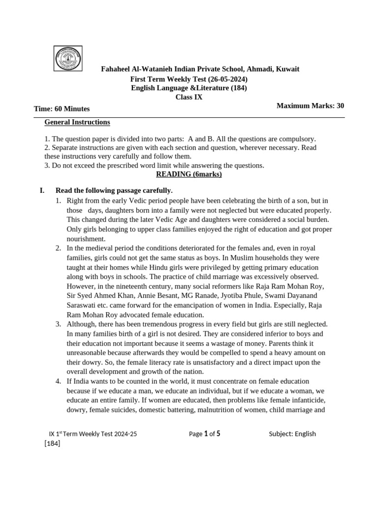 WT -T1-Class IX -Eng-2024-25. | PDF