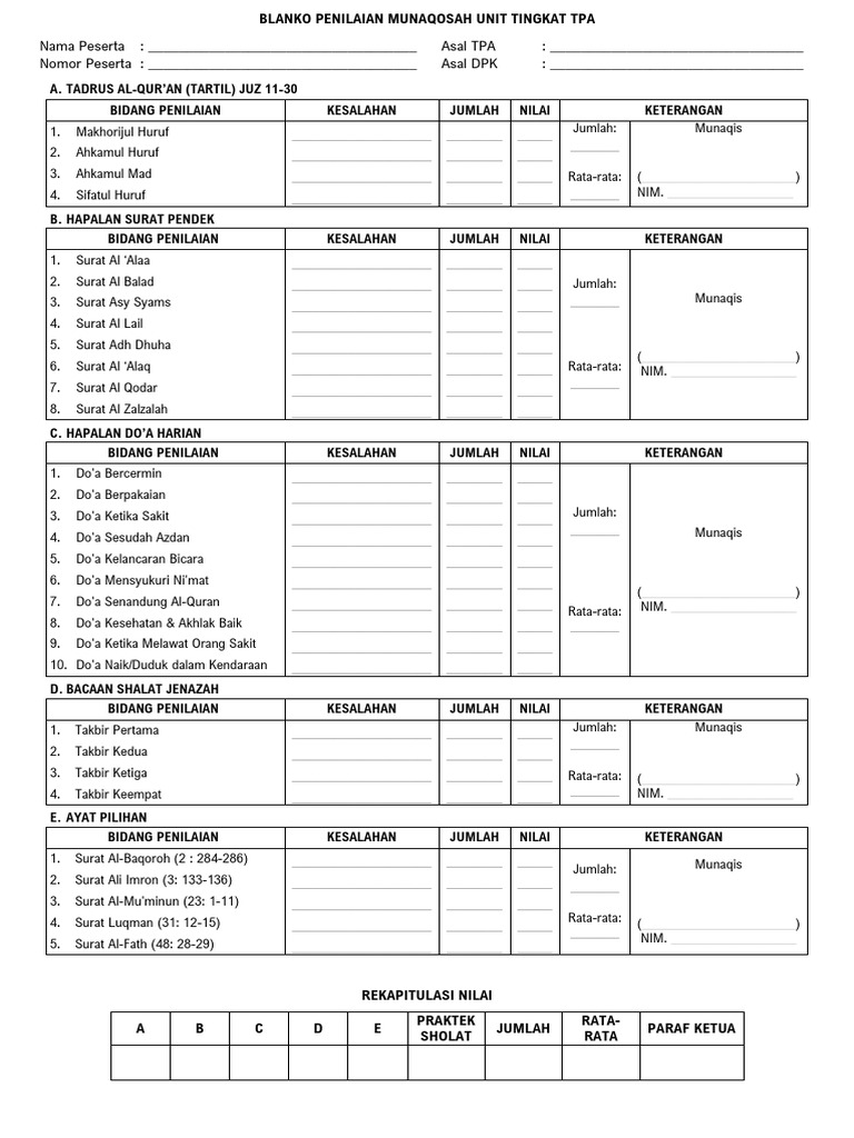 Blanko Penilaian Munaqosah Unit Tingkat Tpa | PDF