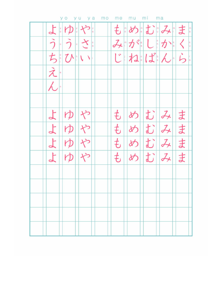 04 K-T Plantillas Practica Hiragana Mamimumemo Yayuyo | PDF