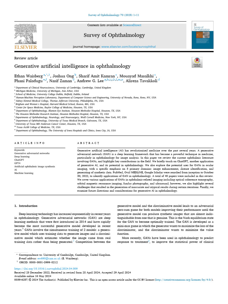 Generative Artificial Intelligence in Ophthalmology | PDF | Retina | Ophthalmology