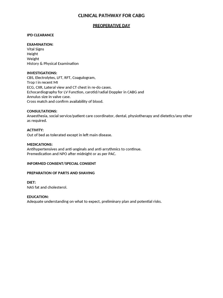 Clinical Pathway Sicu | PDF | Coronary Artery Bypass Surgery | Medical Specialties