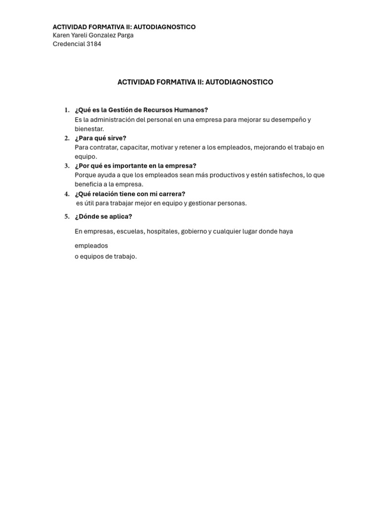 Actividad Formativa II Autodiagnostico | PDF