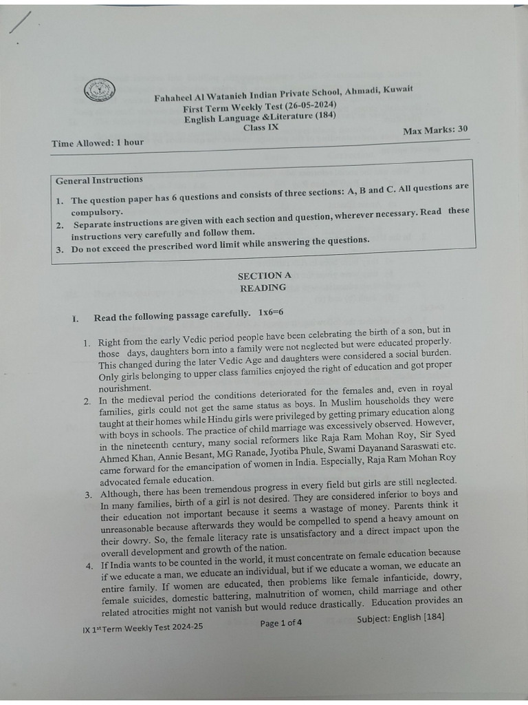 English 1st Term Weekly Test | PDF