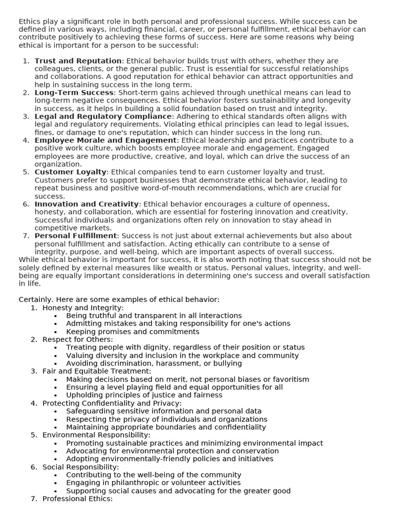 Ethics Play A Significant Role in Both Personal and Professional ...