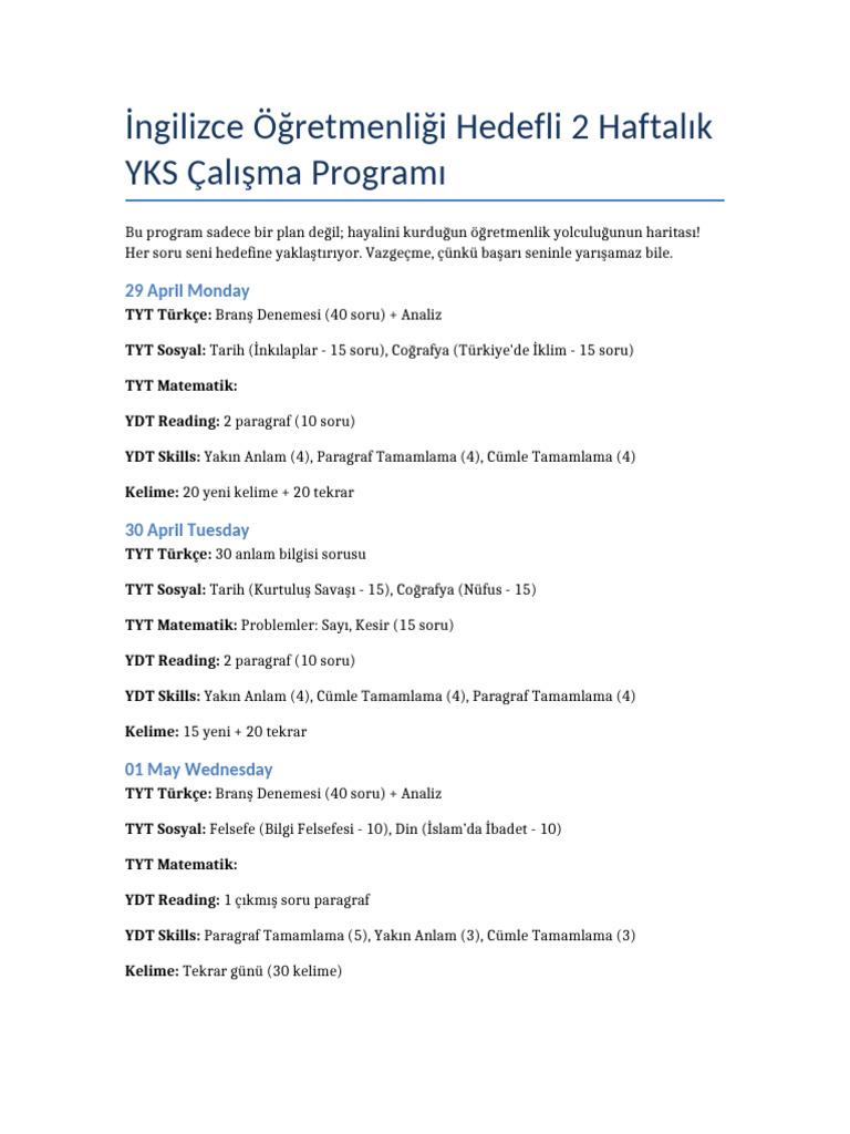 YKS Program Detayli | PDF