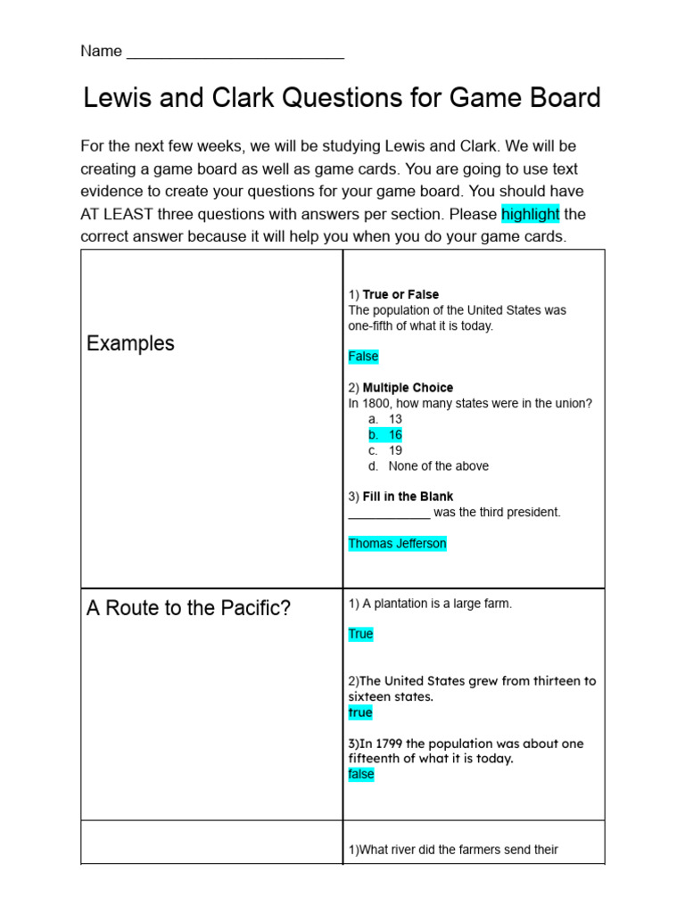 MARSHALL HANEY - (Template) (Template) Lewis and Clark Questions For ...