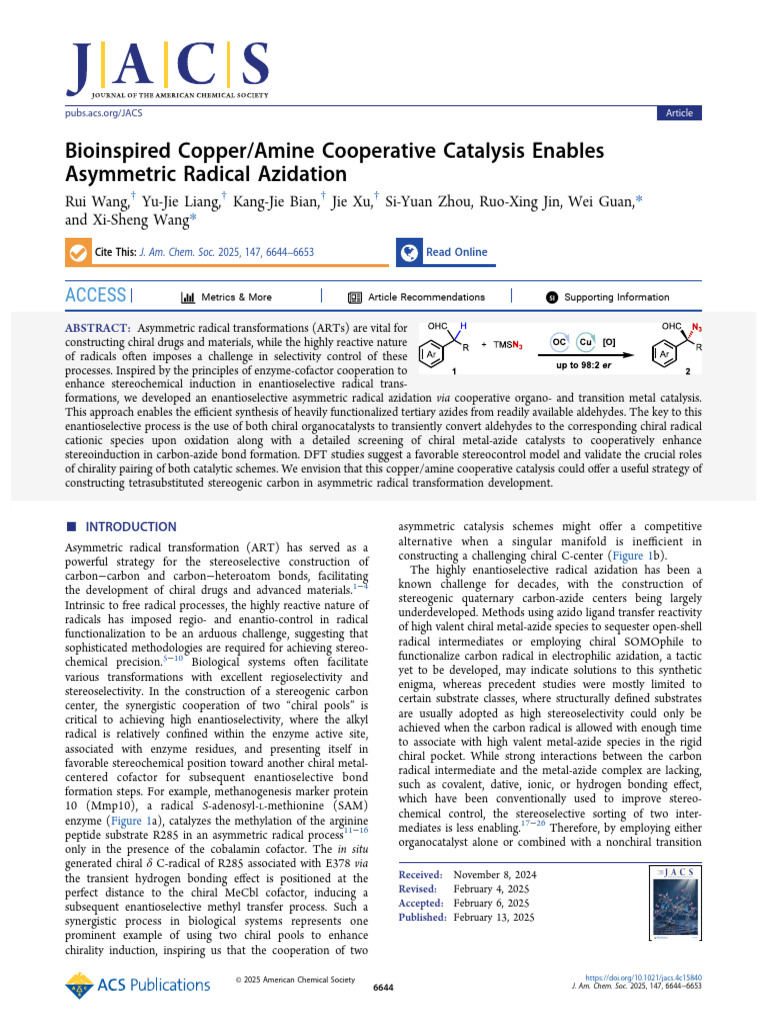 Wang Et Al 2025 Bioinspired Copper Amine Cooperative Catalysis Enables Asymmetric Radical ...