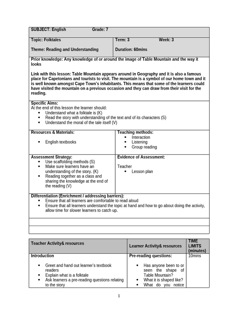 English Lesson Plan - Van Hunks & The Devil (Week 1) | PDF | Lesson ...