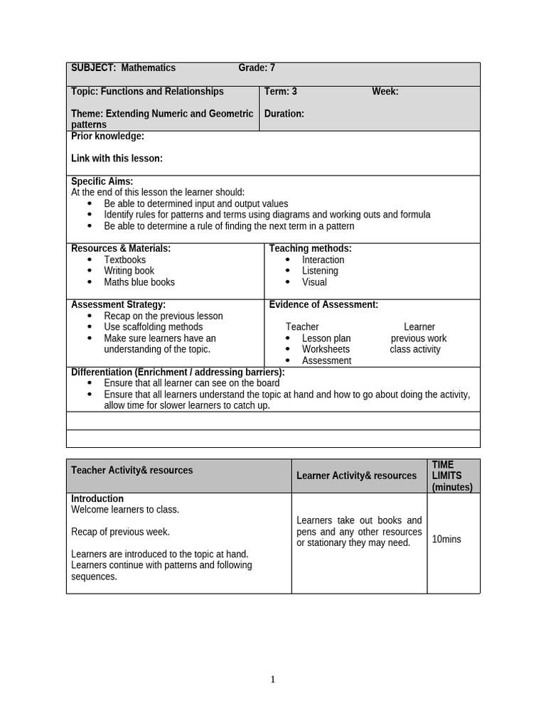Maths Lesson Plan WEEK 2 (Patterns) | PDF | Lesson Plan | Mathematics