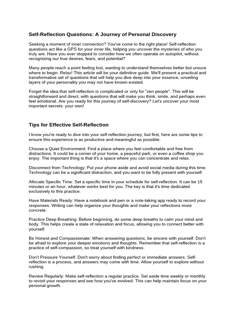 Self-Reflection Questions - A Journey of Personal Discovery | PDF ...