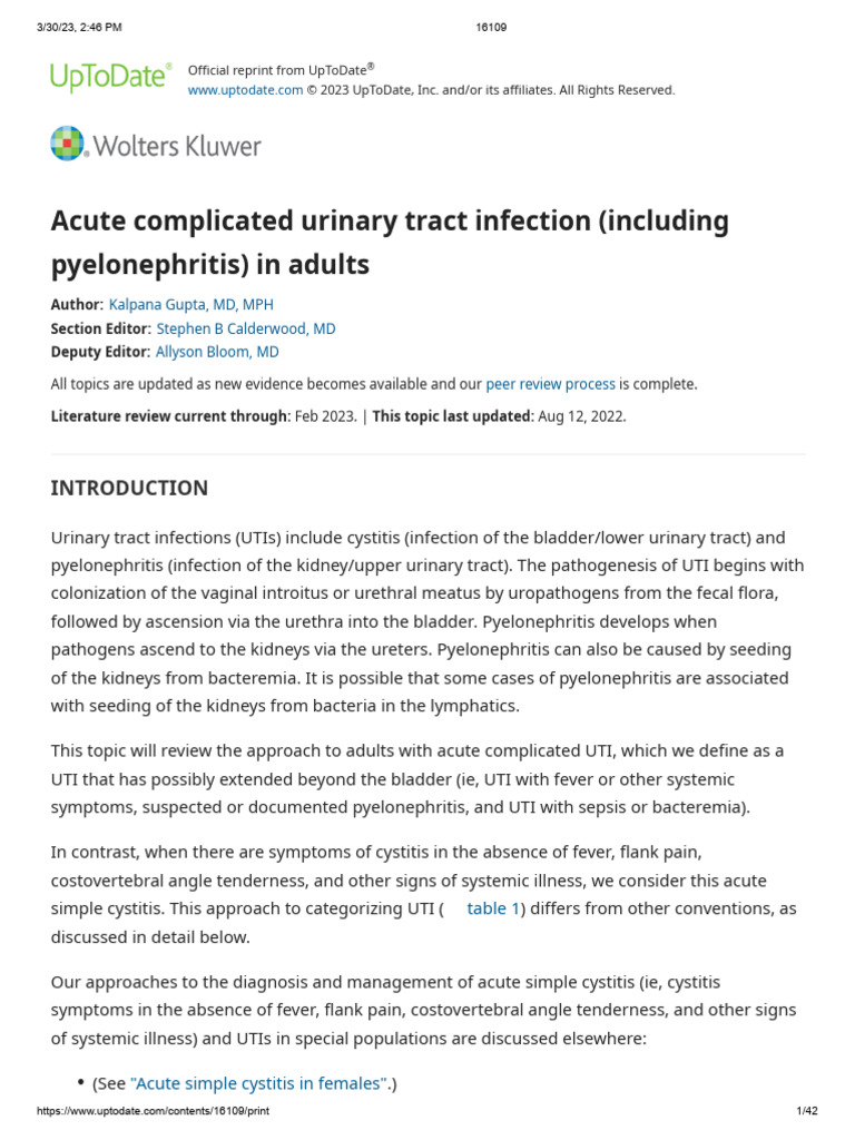 Acute Complicated UTI in Adults | PDF | Urinary Tract Infection | Beta ...